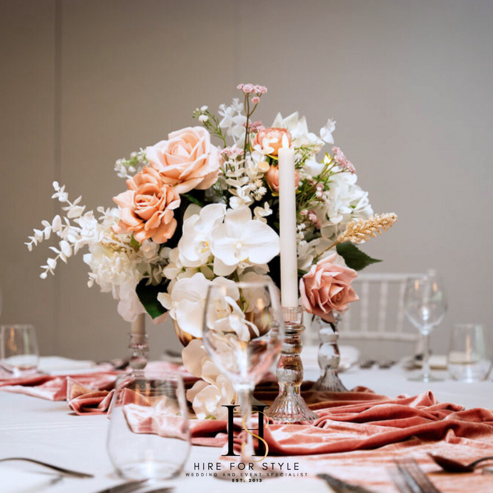 Faux Floral Compote Centrepiece with Taper Candles – Hire For Style