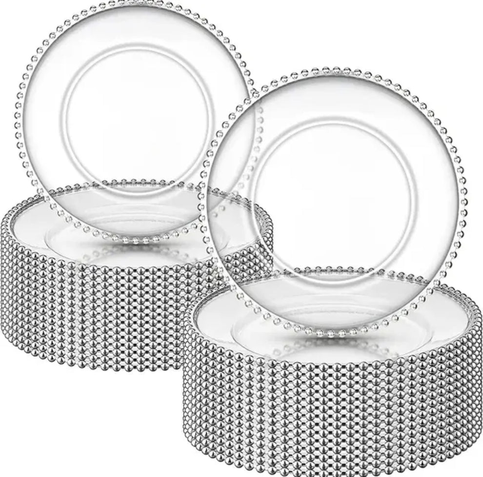 Hire Clear Silver Beaded Charger Plates – Hire For Style