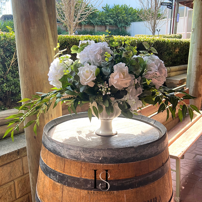 Faux Floral arrangement in White Compote Vase – Hire For Style