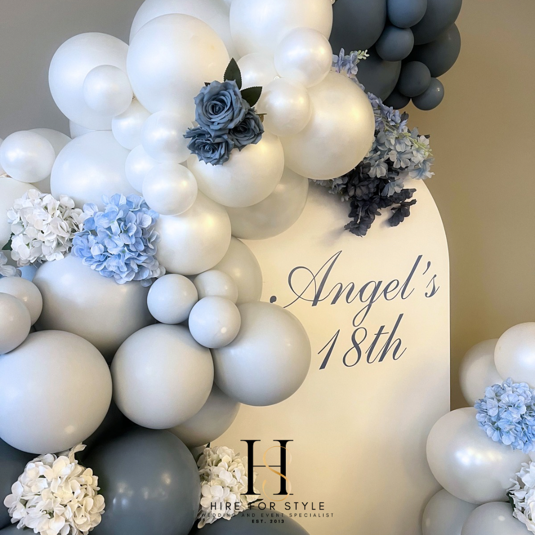 Single Arch Backdrop Display with Balloons and Florals – Hire For Style