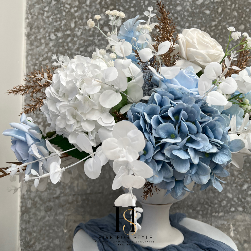 Dusty Blue Faux Floral Compote Centrepiece – Hire For Style