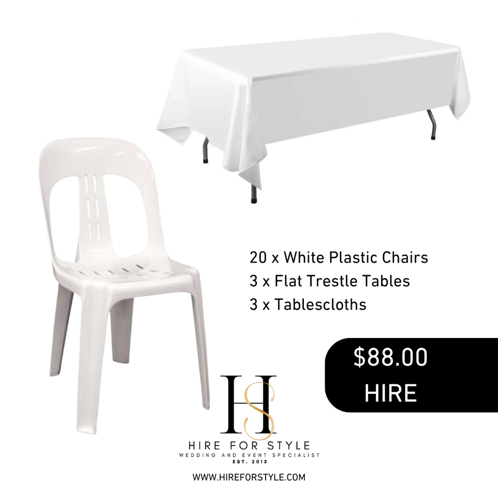 20 Guests Package with Chairs, Tables and Table Linen – Hire For Style