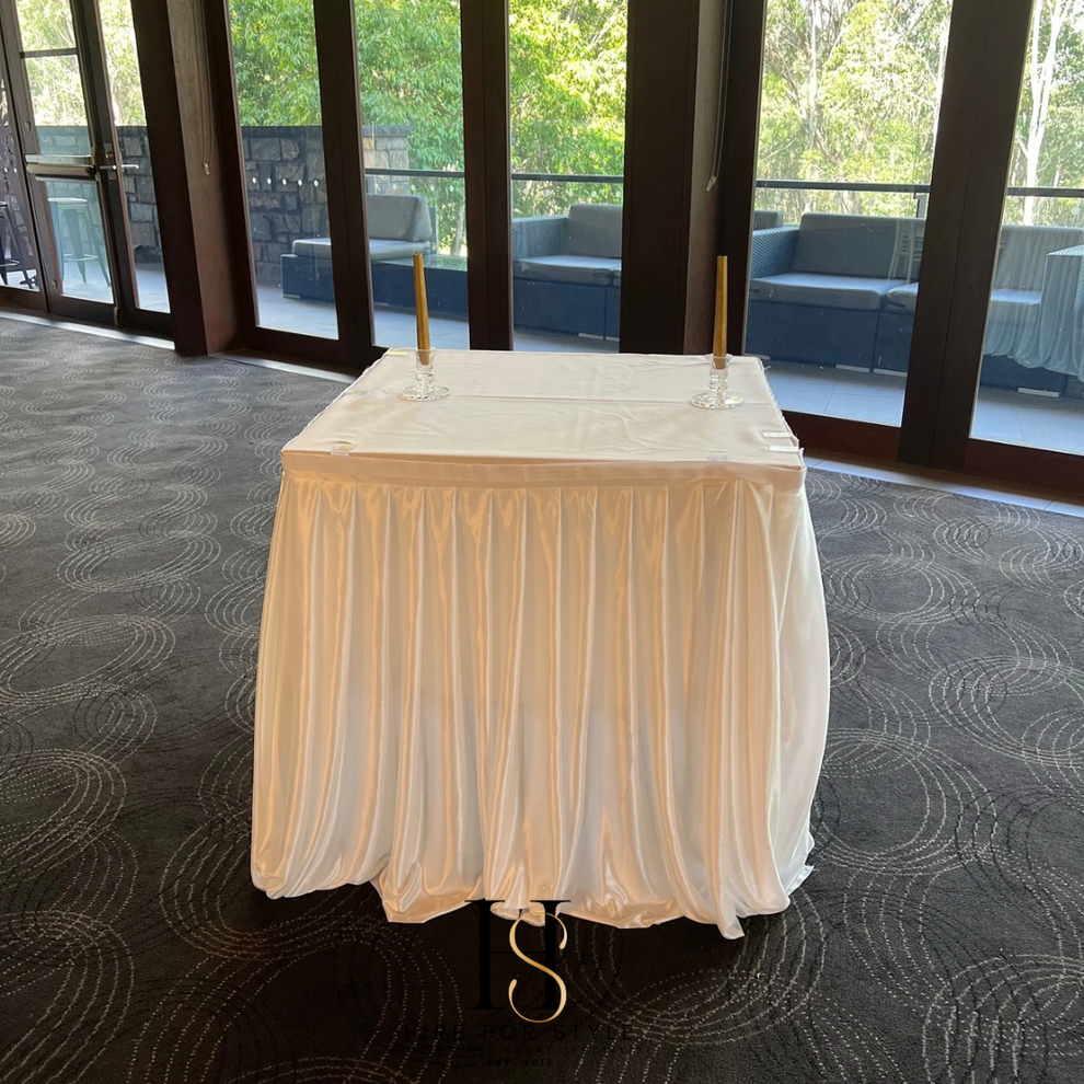 White Satin Table Skirting for Cake Table – Hire For Style