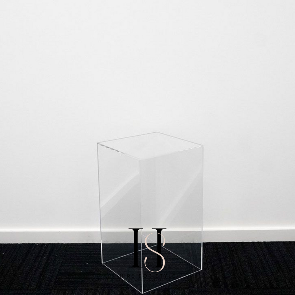 Clear Square Acrylic Small Plinth Hire – Hire For Style